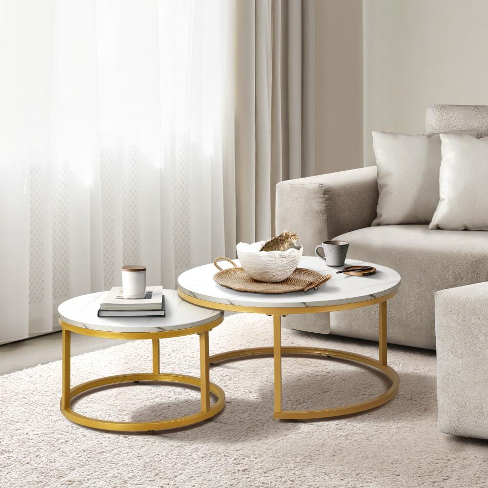 Versatile and Space-Saving: Round Coffee Table Set with White & Gold M