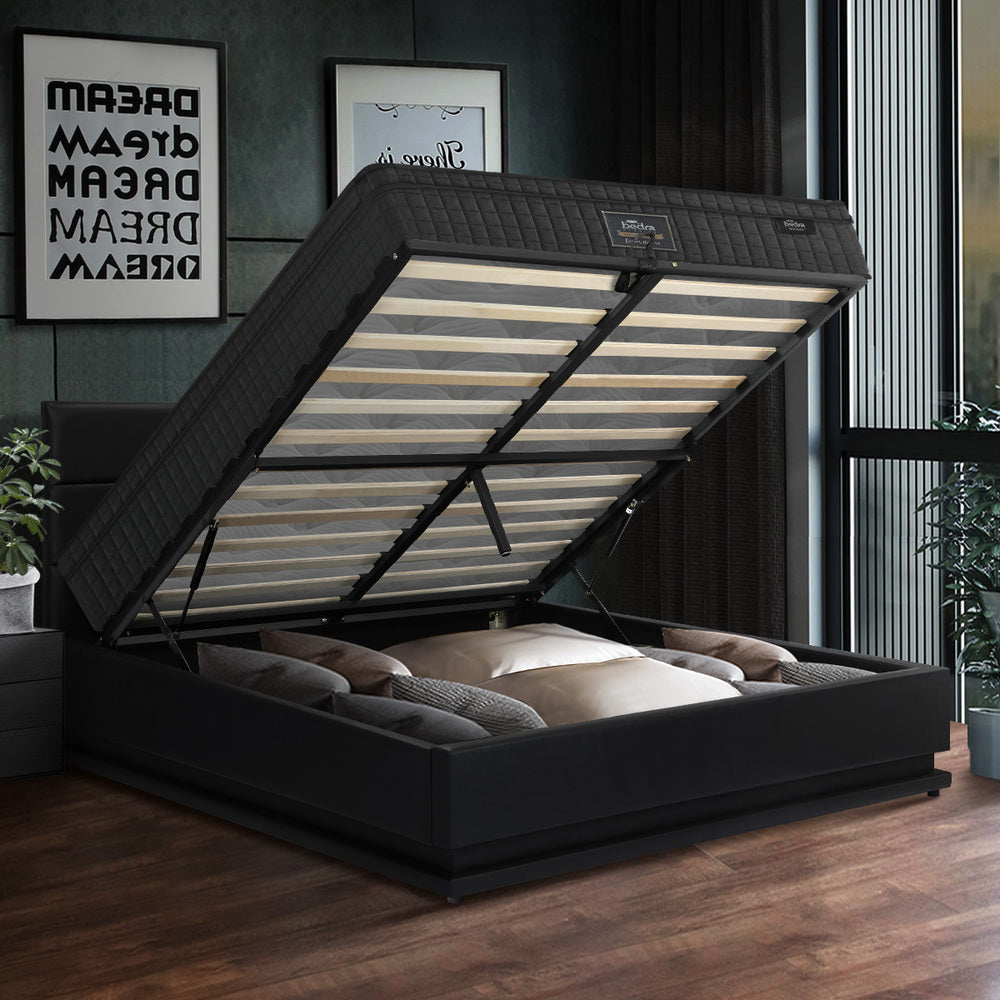 Bed Frame with Mattress Double Size LED Gas Lift Black & Grey LAYZ