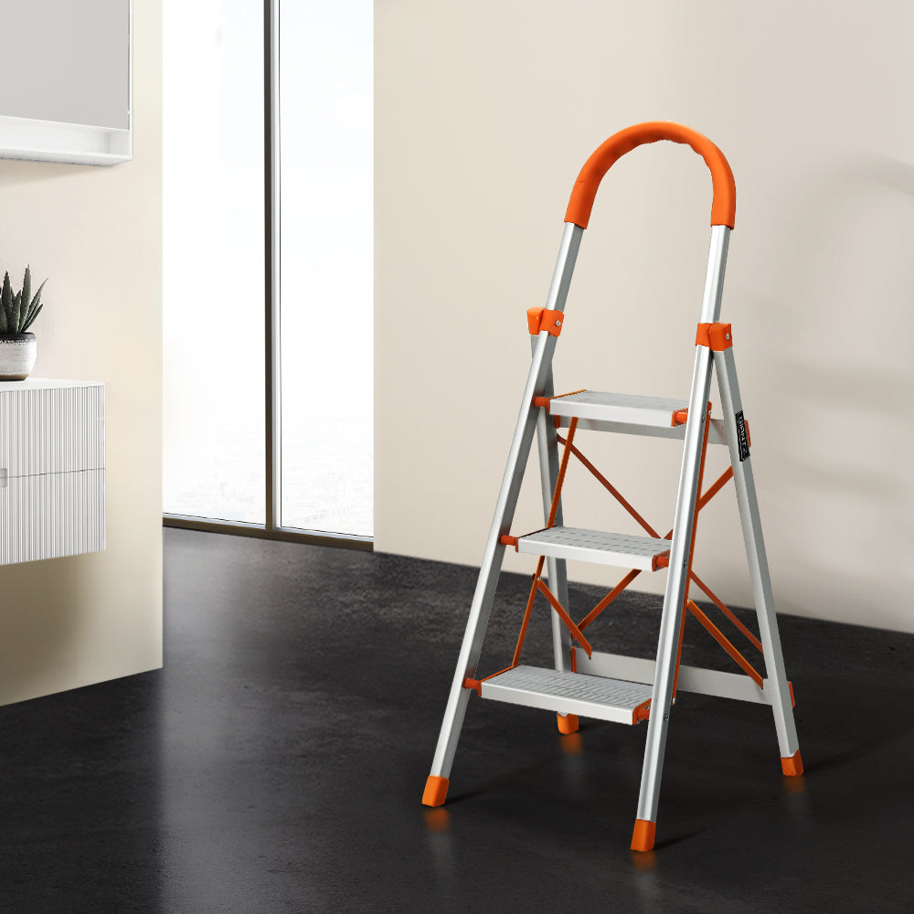 3 Step Ladder Multi-Purpose Folding Aluminium Light Weight Non Slip Pl