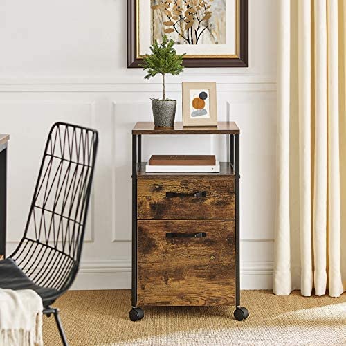 File Cabinet With 2 Drawers, Wheels And Open Compartment Rustic Brown